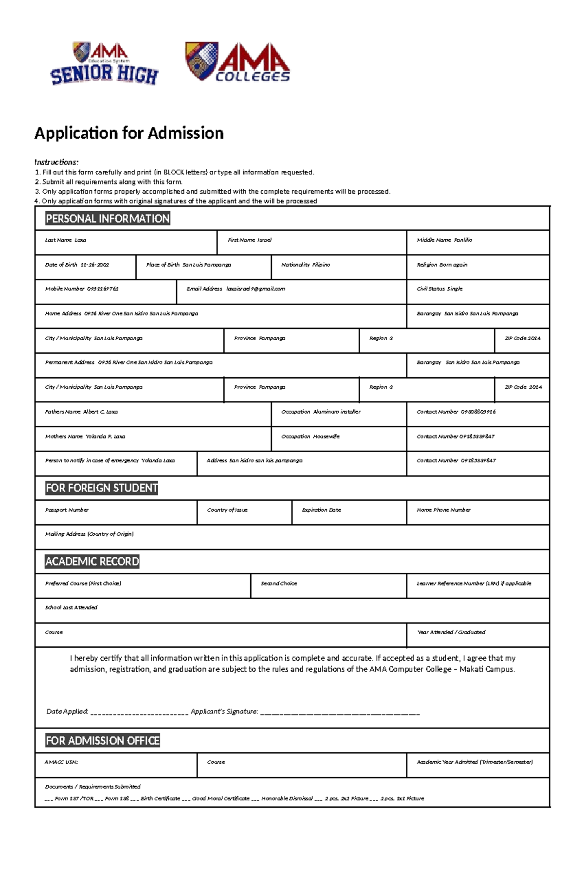 Admission Form for AMA Computer College - Makati Campus - Studocu