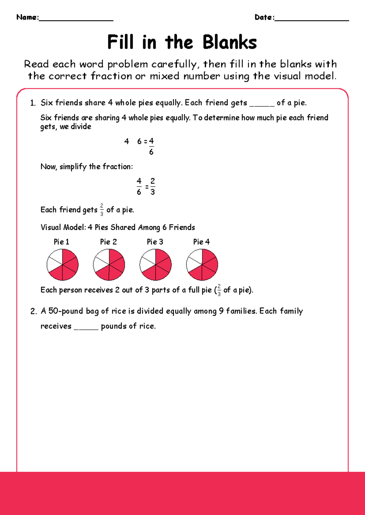 Understanding Fractions with Word Problems - 5th Grade Worksheet - Name ...