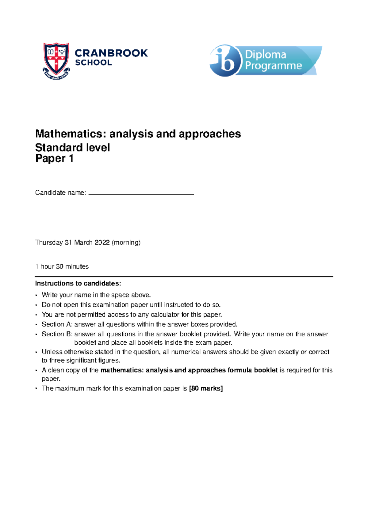 12 DP AA SL Task 5 Paper 1 2022 - Mathematics: analysis and approaches ...