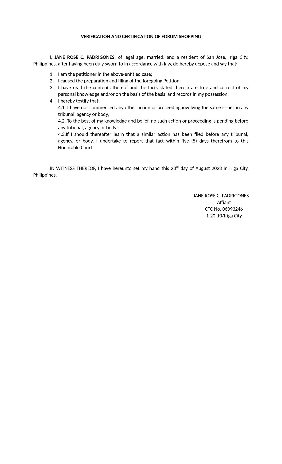 Verification and Certification of Forum Shopping - Legal Forms - Studocu