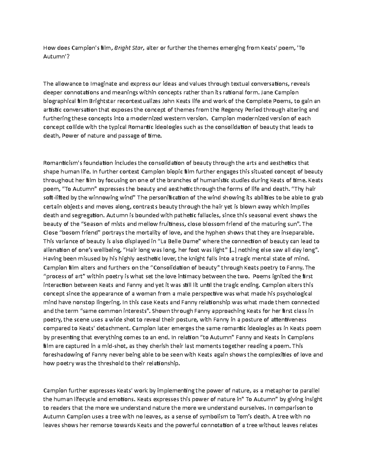 Keats Brightstar Essay - How does Campion's film, Bright Star, alter or ...