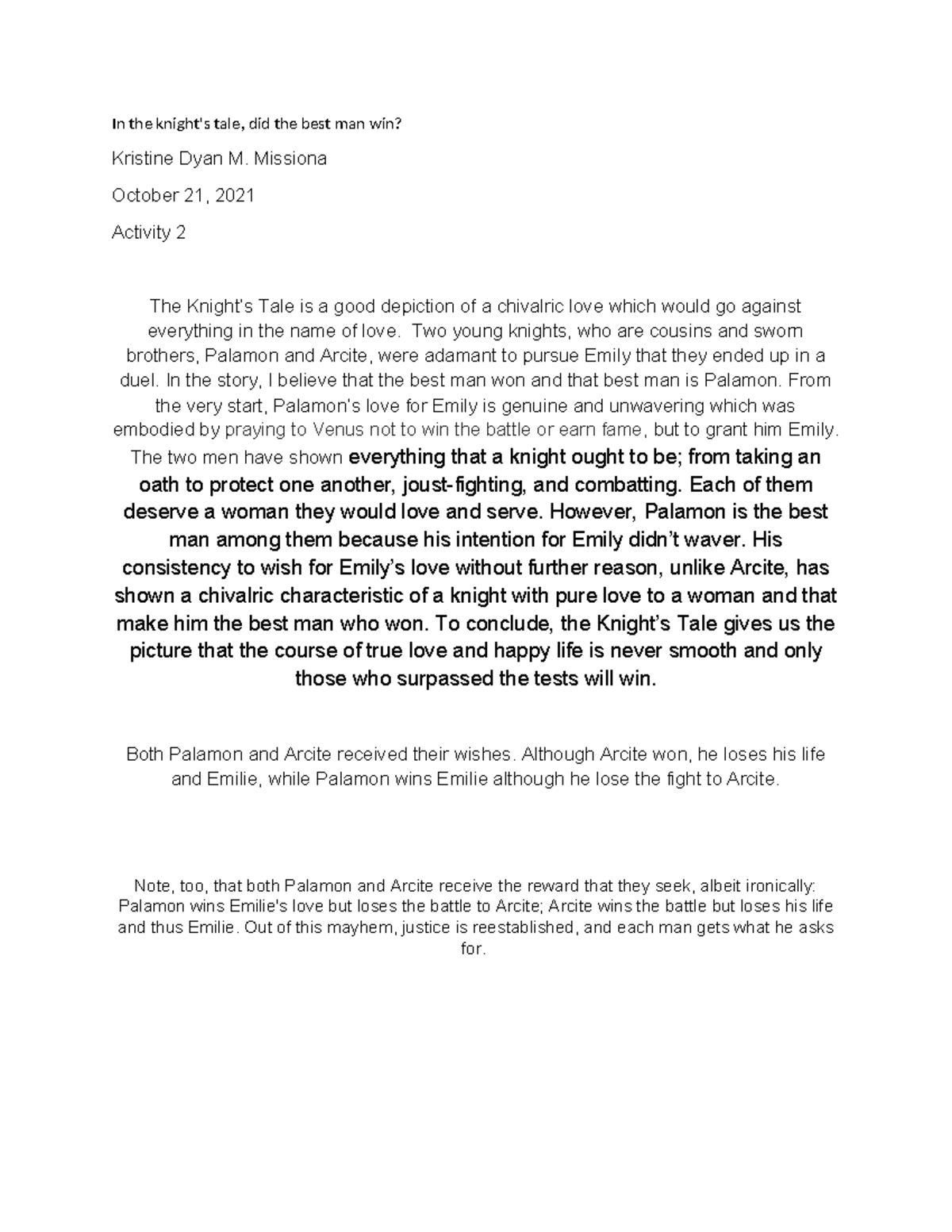 The Knight's Tale - Essay Analysis on Love and Chivalry - Studocu