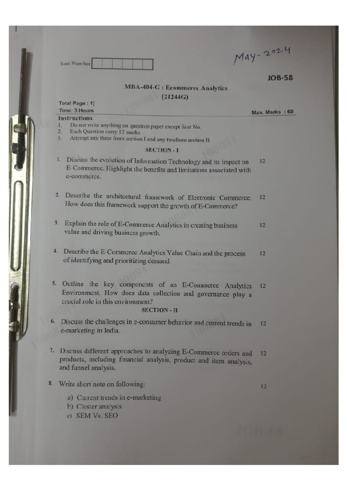 Ecommerce Analytics (21244G) - Question Paper 404 G - Studocu