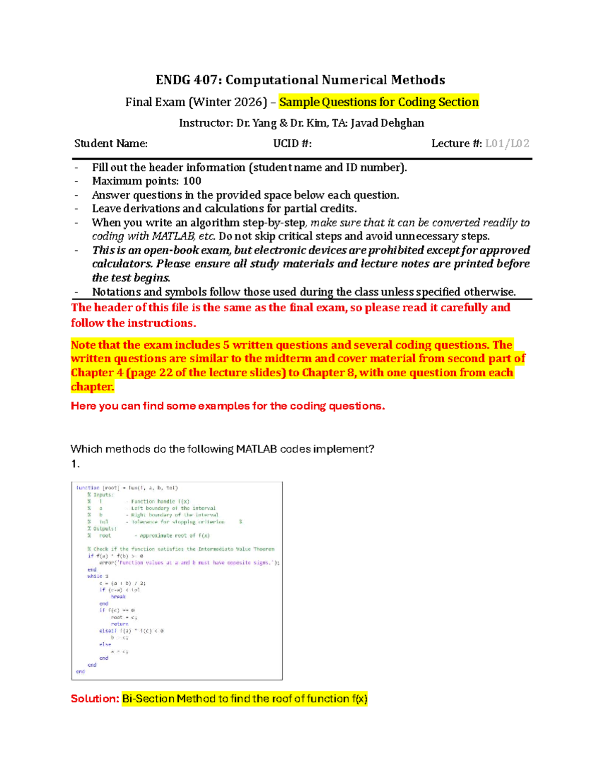 ENDG 407: W2026 Final Exam Sample Questions for Coding Section - Studocu