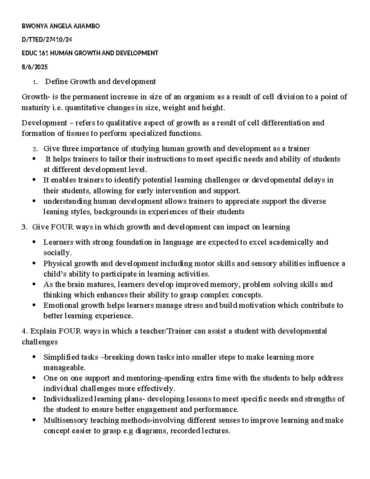 EDUC 161 Human Growth and Development Assignment Insights - Studocu