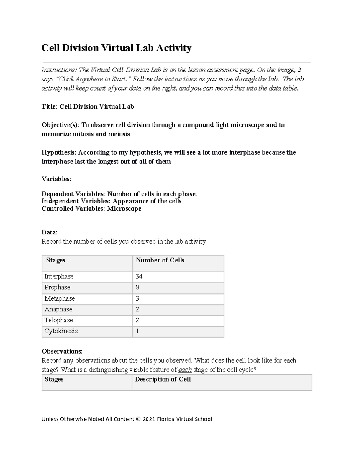 03 01 Virtual Cell Division Lab Report - Biology - Cell Division ...