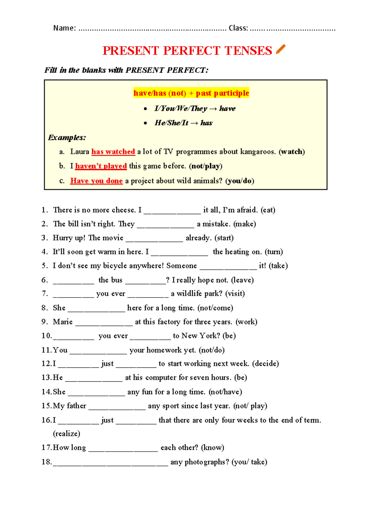 GE 5 - Present Perfect Tense Exercises and Fill-in-the-Blanks - Studocu