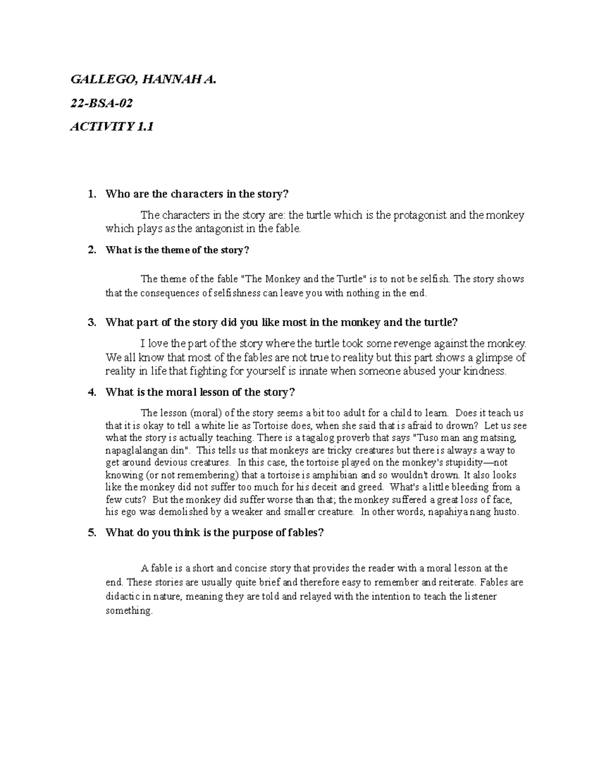 Activity 1 PHIL.LIT - Answer Key for "The Monkey and the Turtle" - Studocu