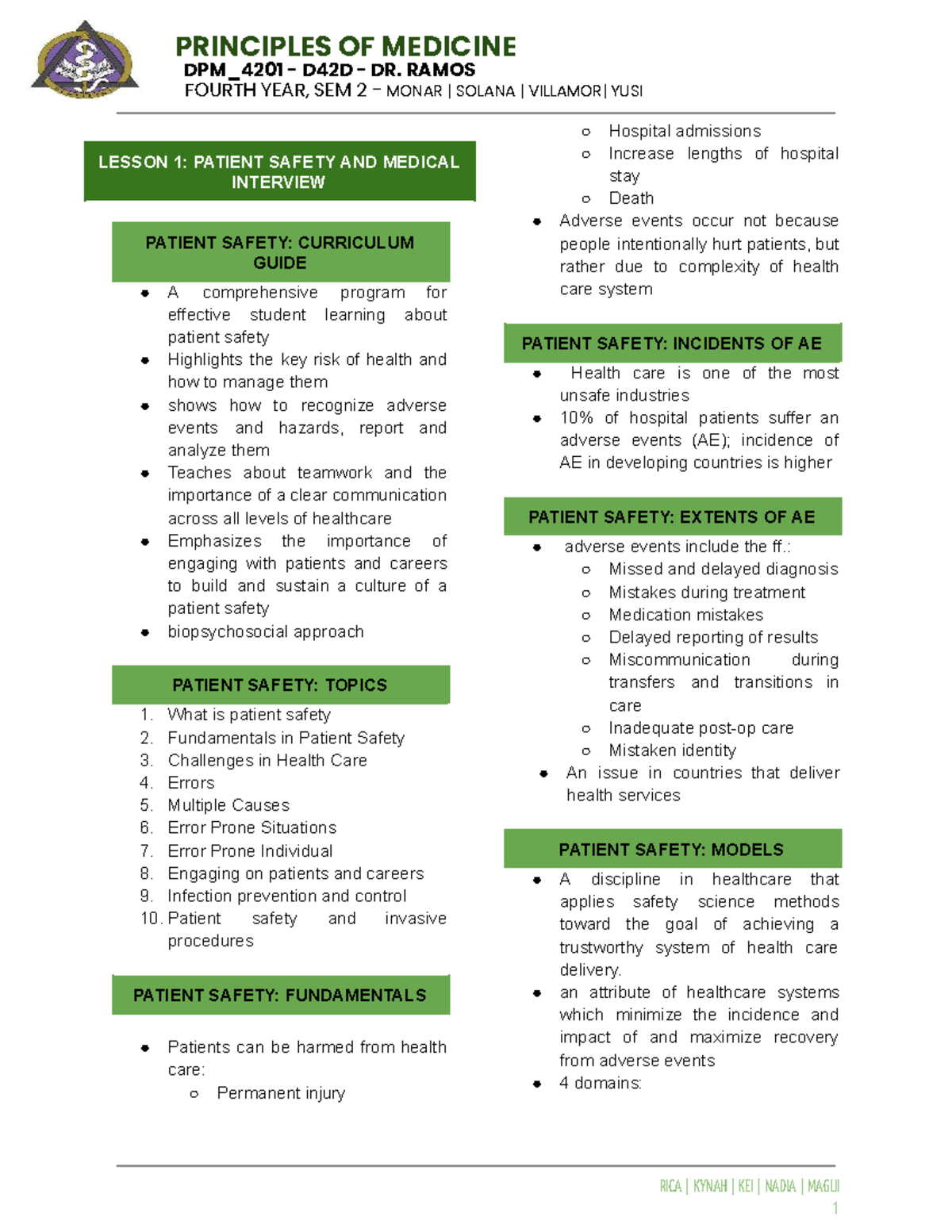 Principles of Medicine DPM_4201: Patient Safety & Medical Interview ...