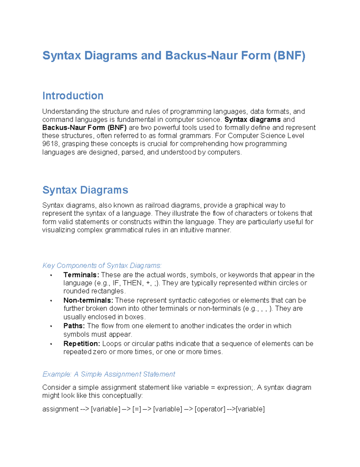 Syntax Diagrams and BNF Overview for CS Level 9618 - Studocu