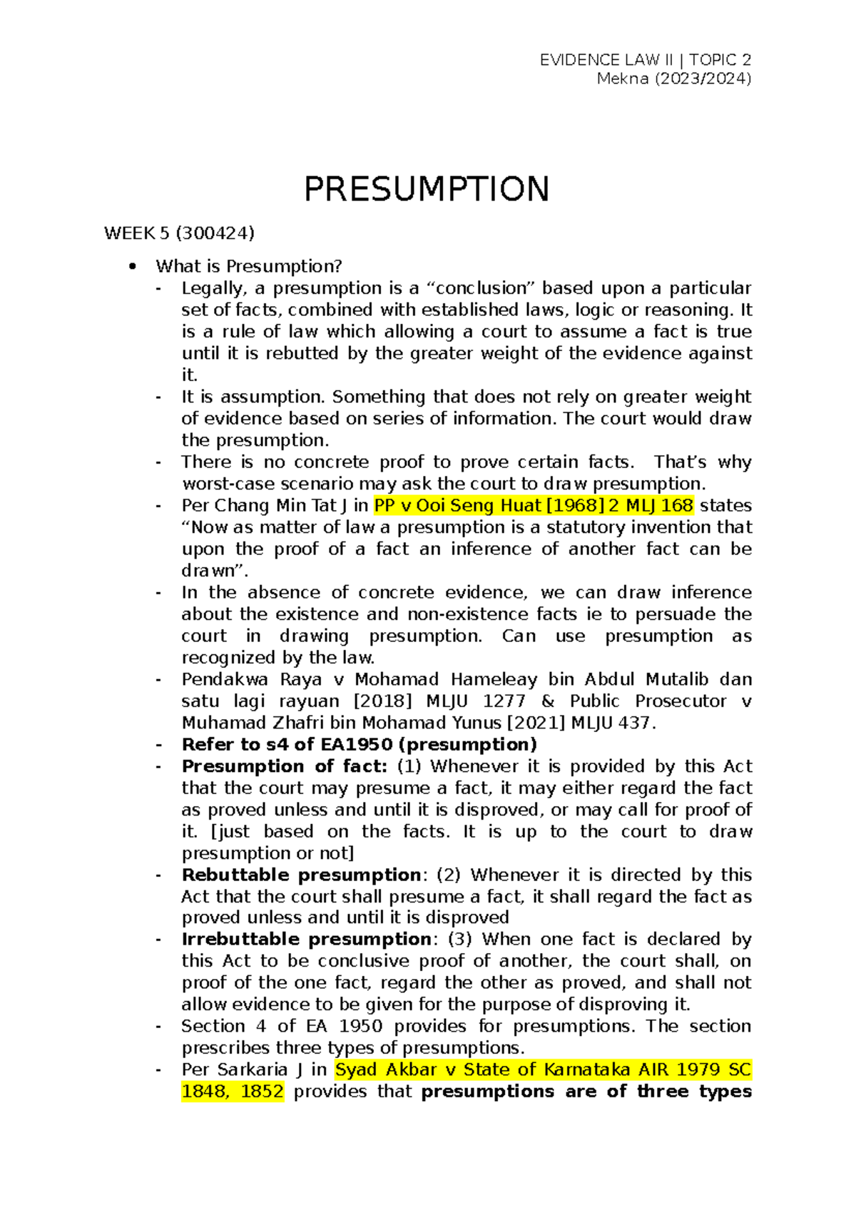 EVIDENCE LAW II: Presumptions Explained - Lecture Notes (300424) - Studocu