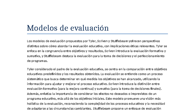 Modelos de Evaluación Educativa: Tyler, Scriven y Stufflebeam - Studocu