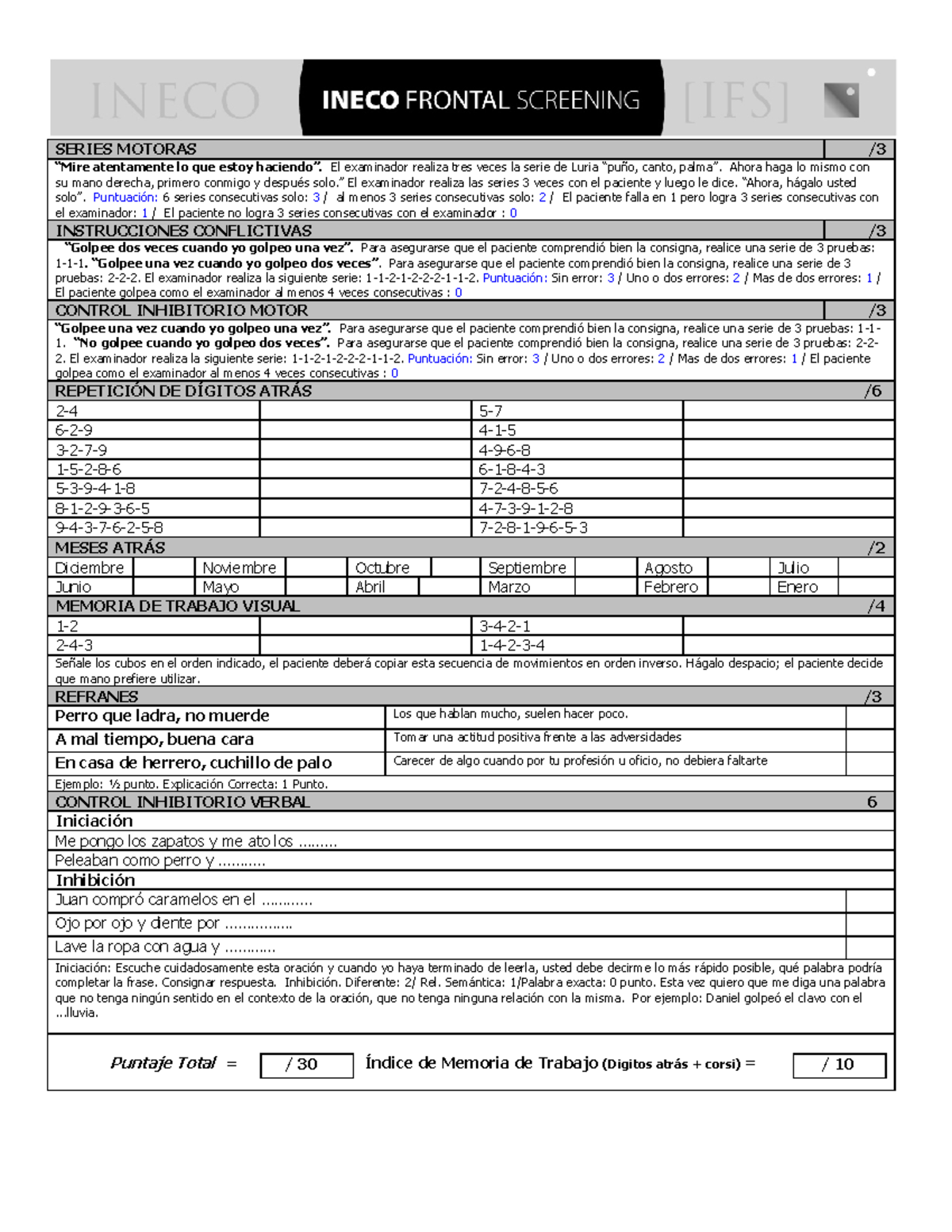 IFS-Protocolo: Evaluación de Funciones Frontales y Memoria - Studocu