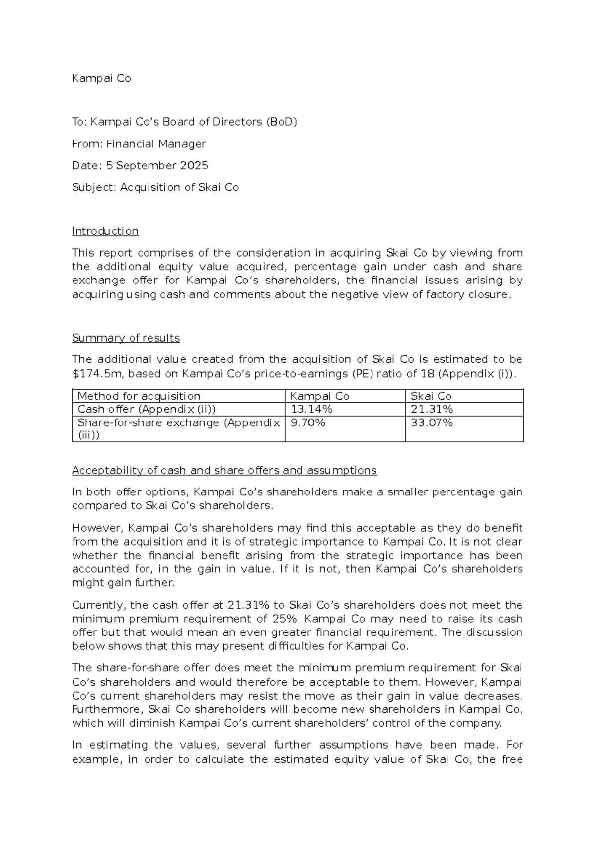 Kampai Co Acquisition Report: Financial Analysis & Strategy - AFM - Studocu