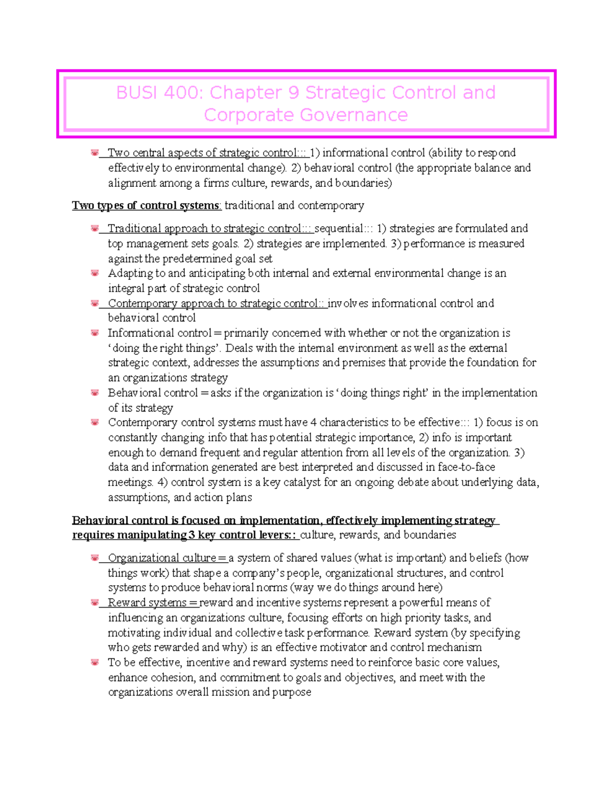 BUSI 400: Chapter 9 Strategic Control and Corporate Governance Insights ...