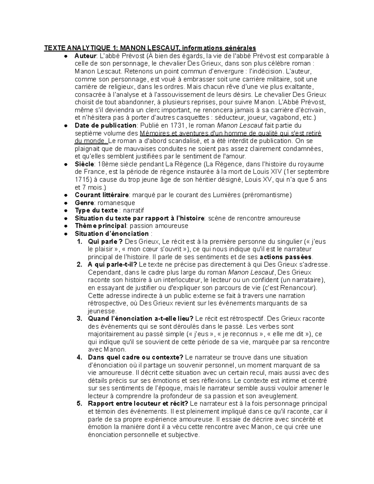 Texte Analytique 1 - Manon Lescaut : Analyse Linéaire et Thématique ...