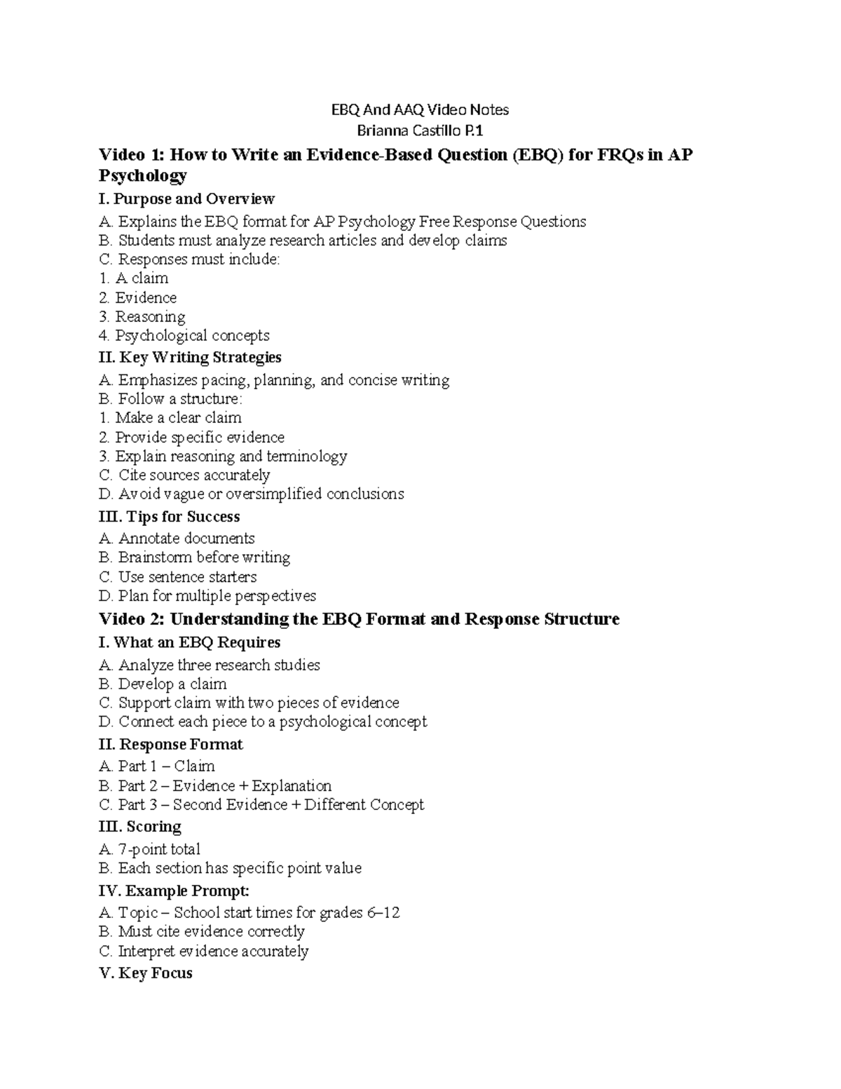 EBQ & AAQ Video Notes for AP Psychology: Writing Strategies & Tips ...
