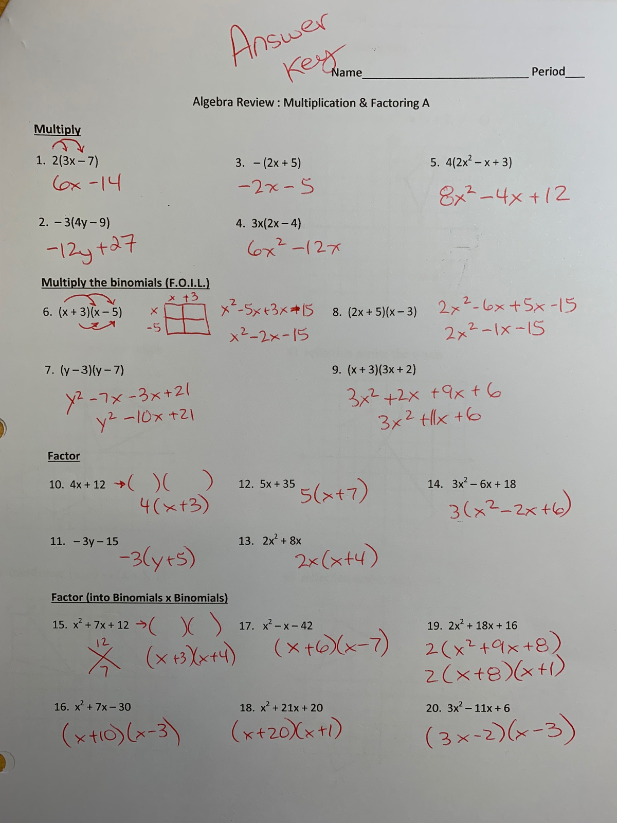 Answer Key - Algebra Review Multiplication and Factoring A - Studocu
