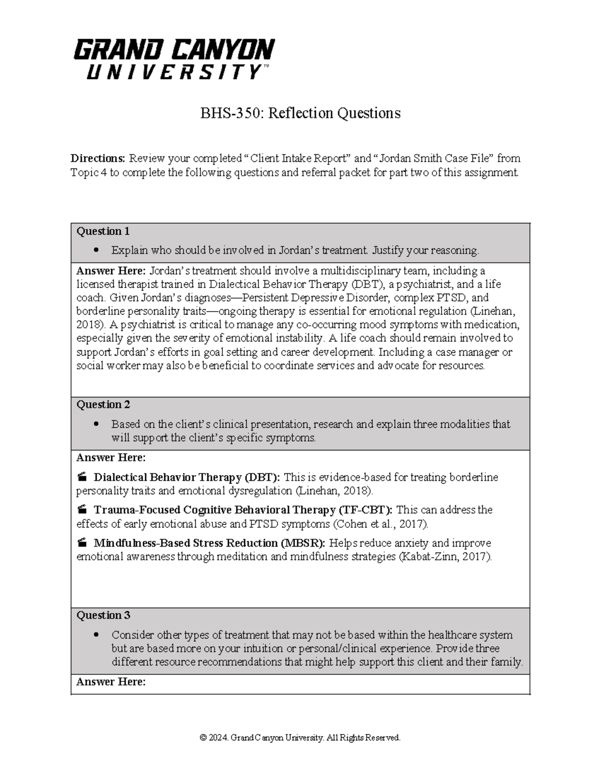BHS 350 RS T7 Reflection Questions on Treatment Modalities and ...