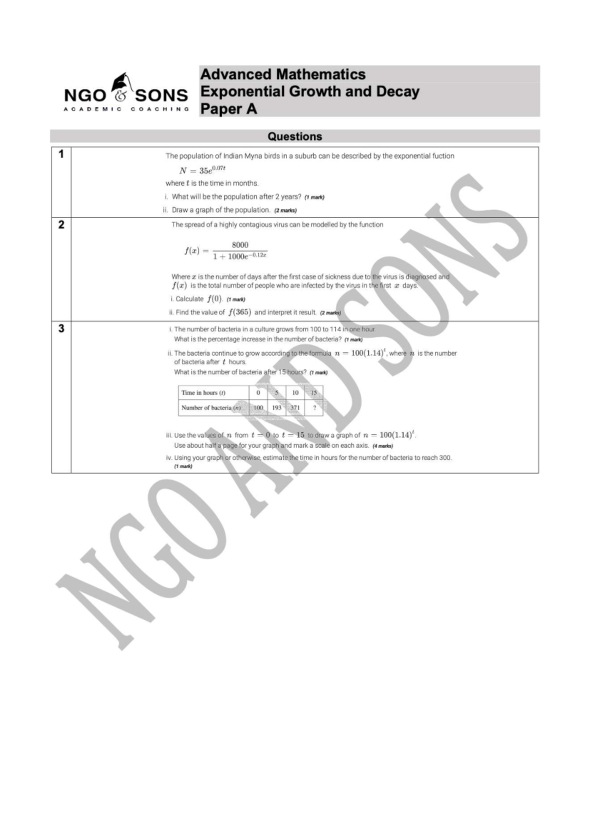 Exponential Growth & Decay: Advanced Math NGO SONS Paper 1 - Studocu