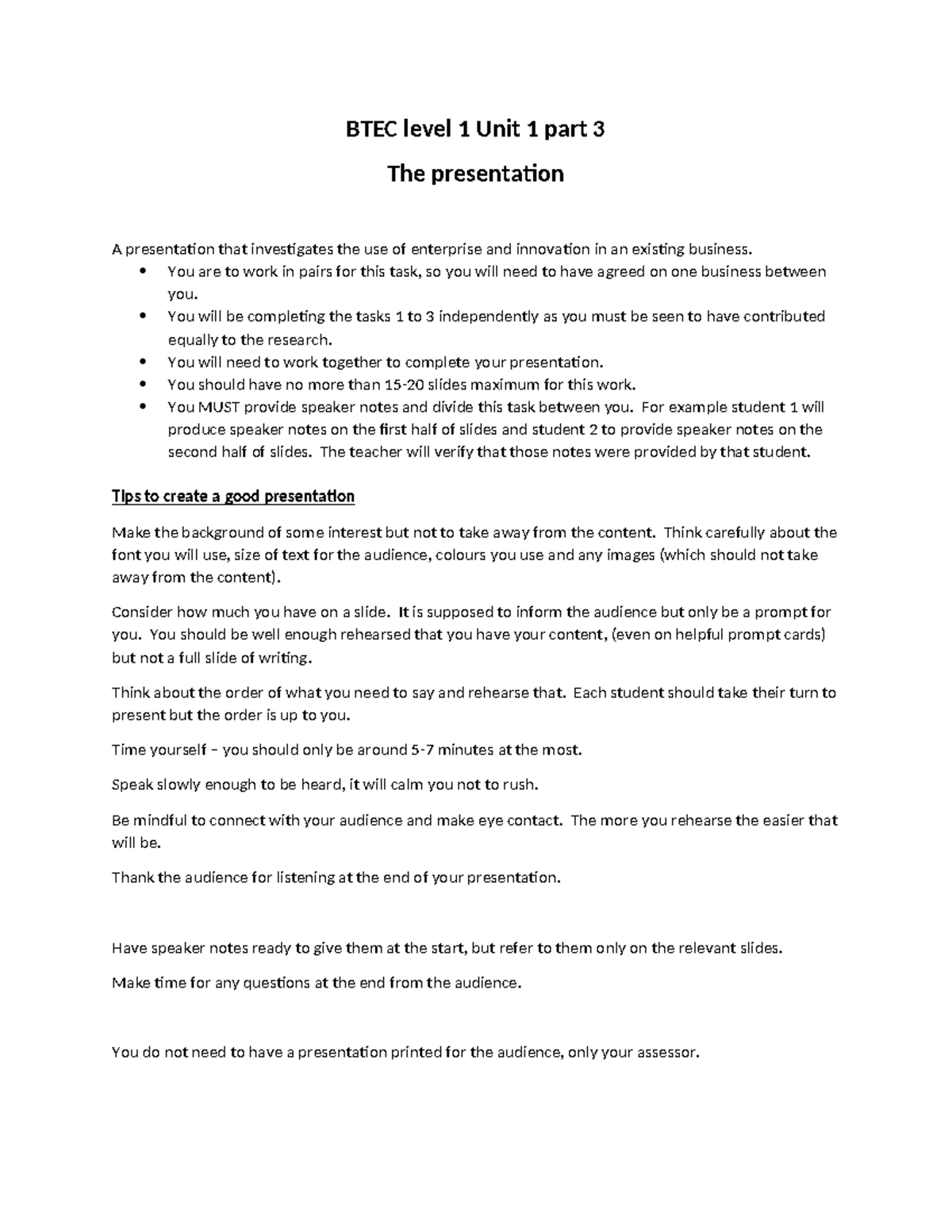 BTEC Level 1 Unit 1 Presentation Tips and Guidelines - Studocu