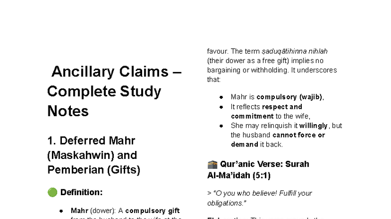 Ancillary Claims Study Notes 1: Mahr, Gifts, and Mutʿah Overview - Studocu