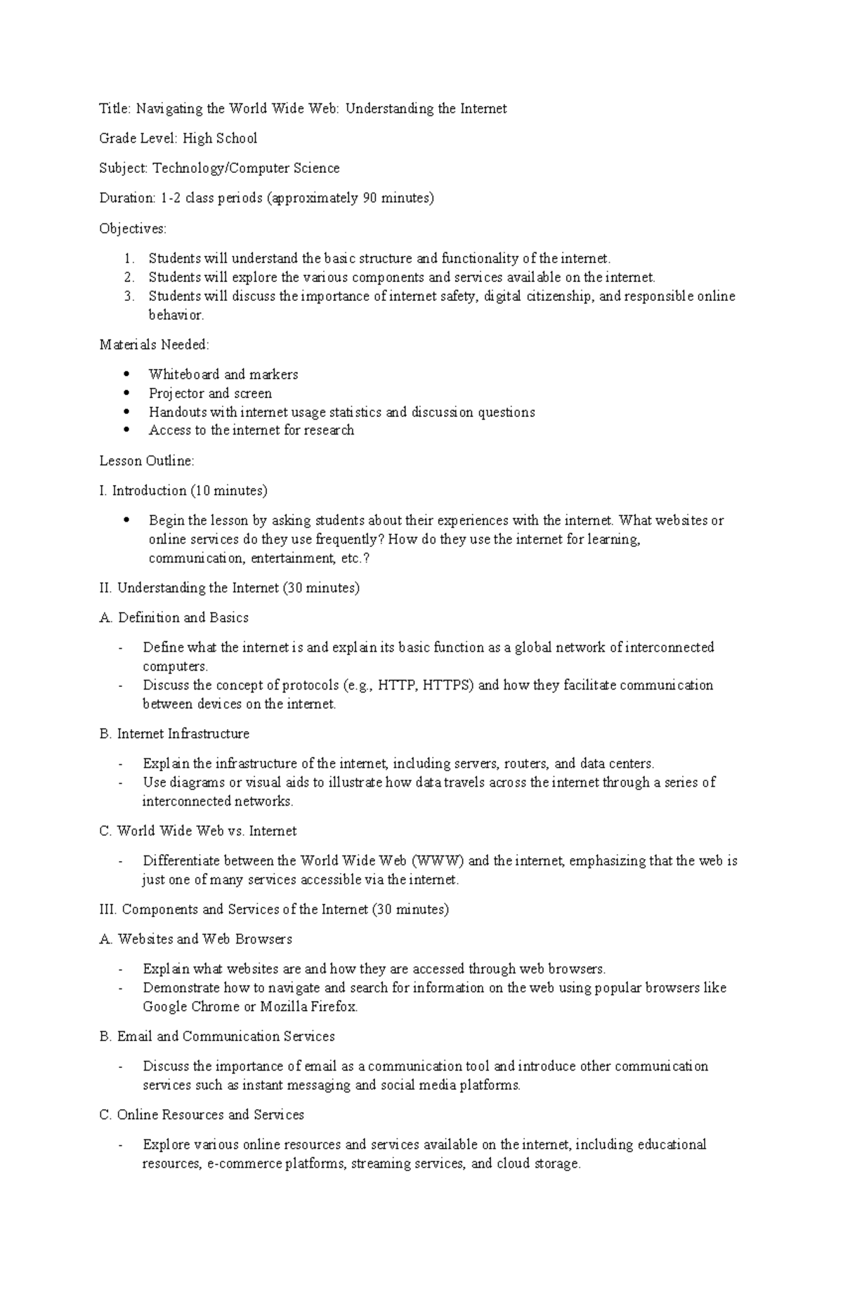 Lesson Plan: Exploring the Internet and Its Components (Tech 101) - Studocu