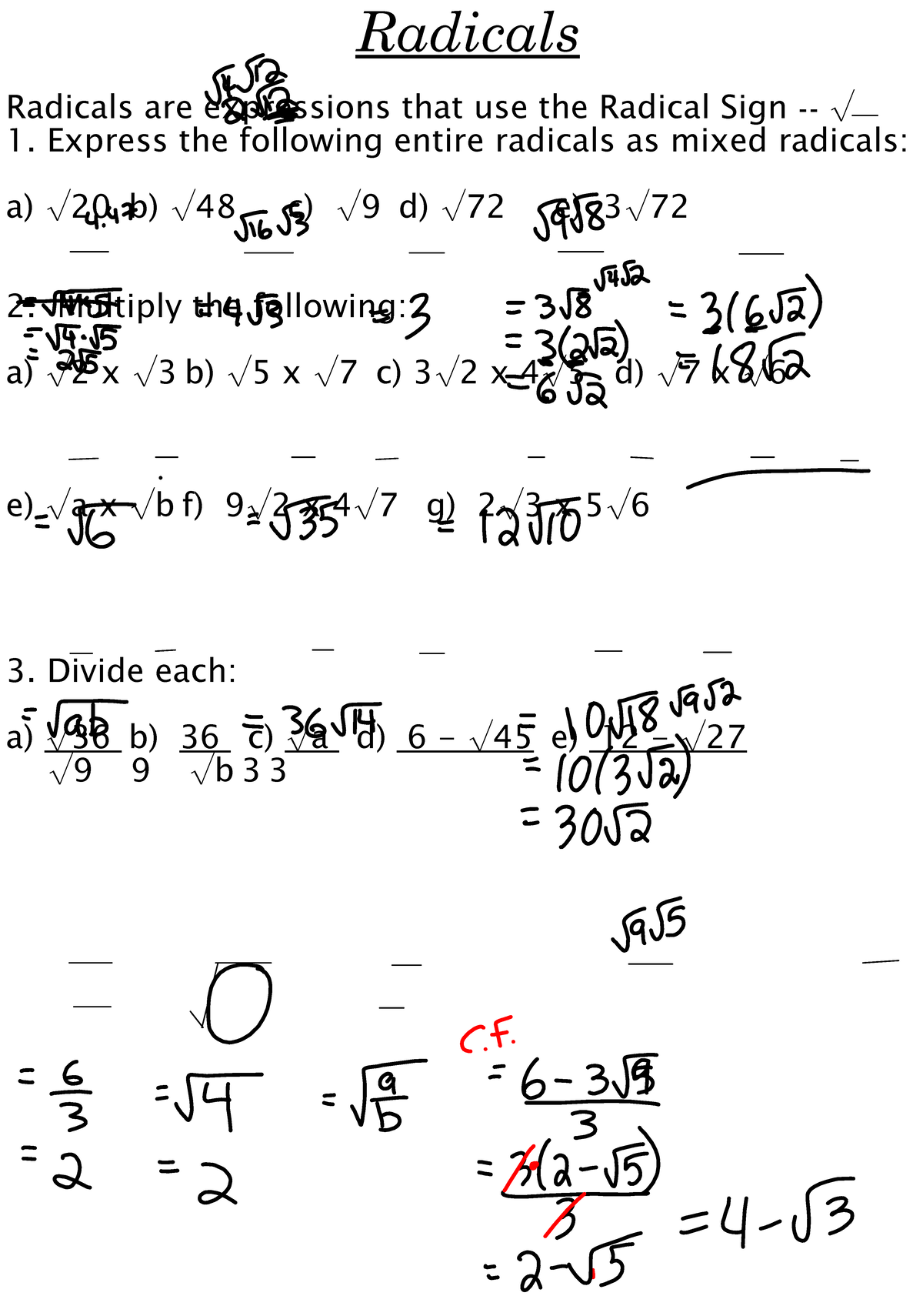 Radicals: Operations and Simplifications Practice Exercises - ANTH 1001 ...