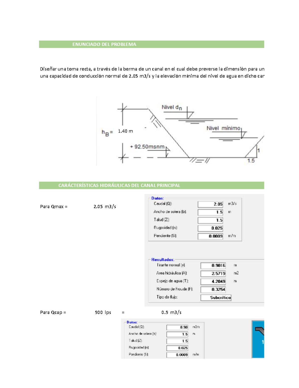 Diseño de Toma Recta en Canal: Cálculos Hidráulicos y Dimensiones - Studocu