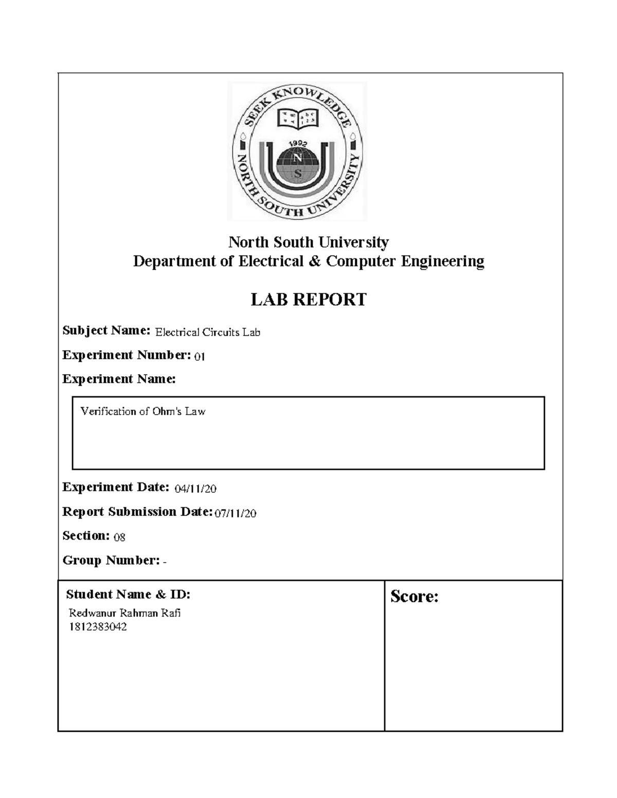 Sample Cover Page Lab - Lab 1 - North South University Department of Electrical & Computer - Studocu