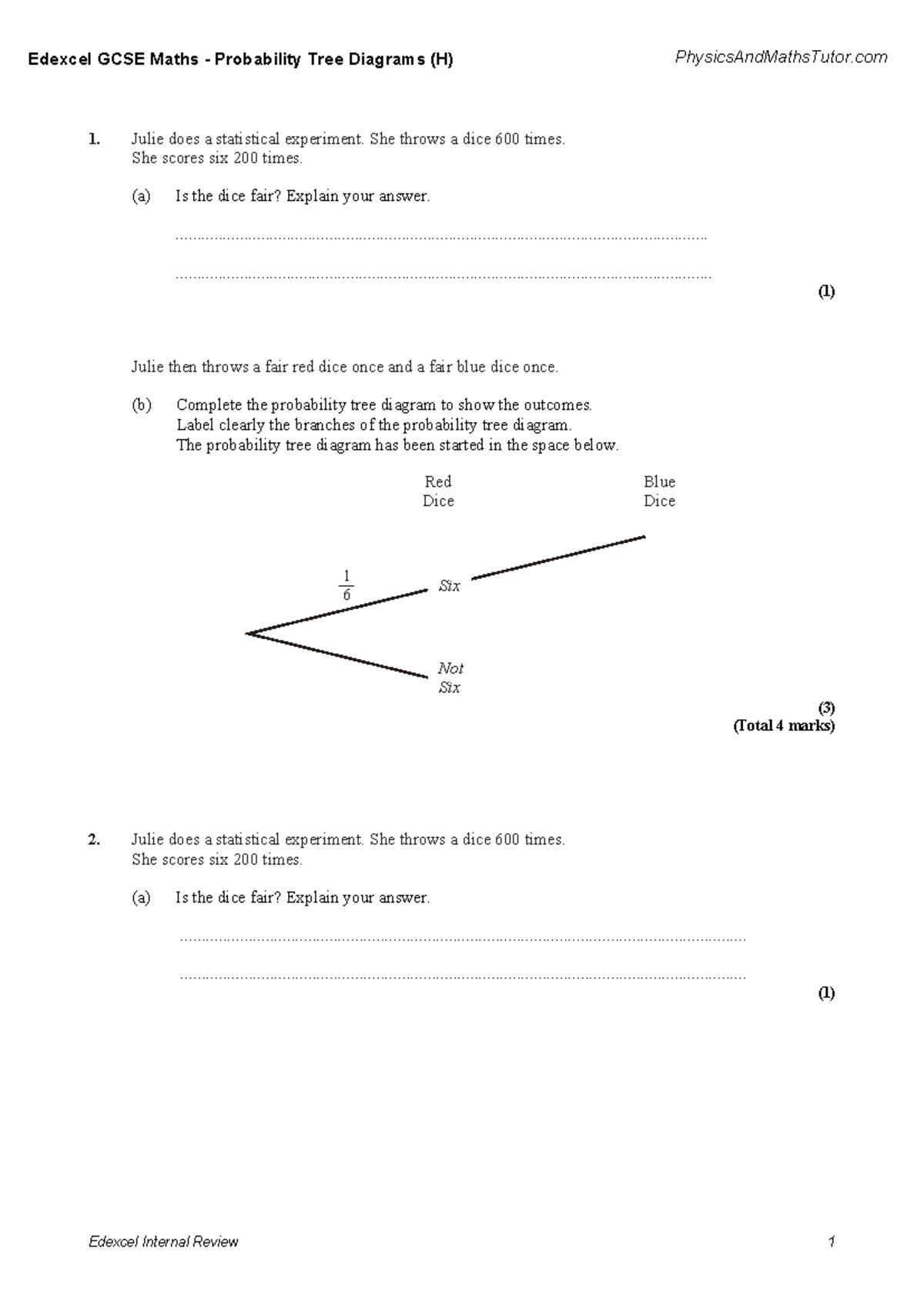 Edexcel GCSE Maths Probability Tree Diagrams (H) Study Guide - Studocu