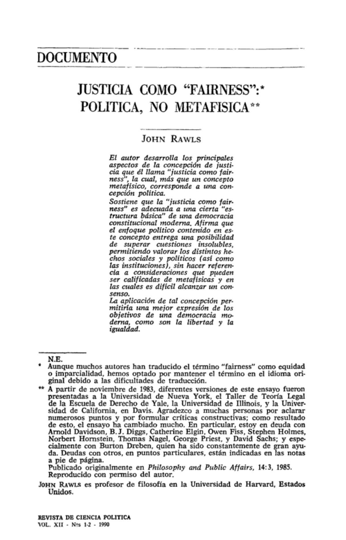 Justicia como Equidad: Política No Metafísica en la Democracia - Studocu
