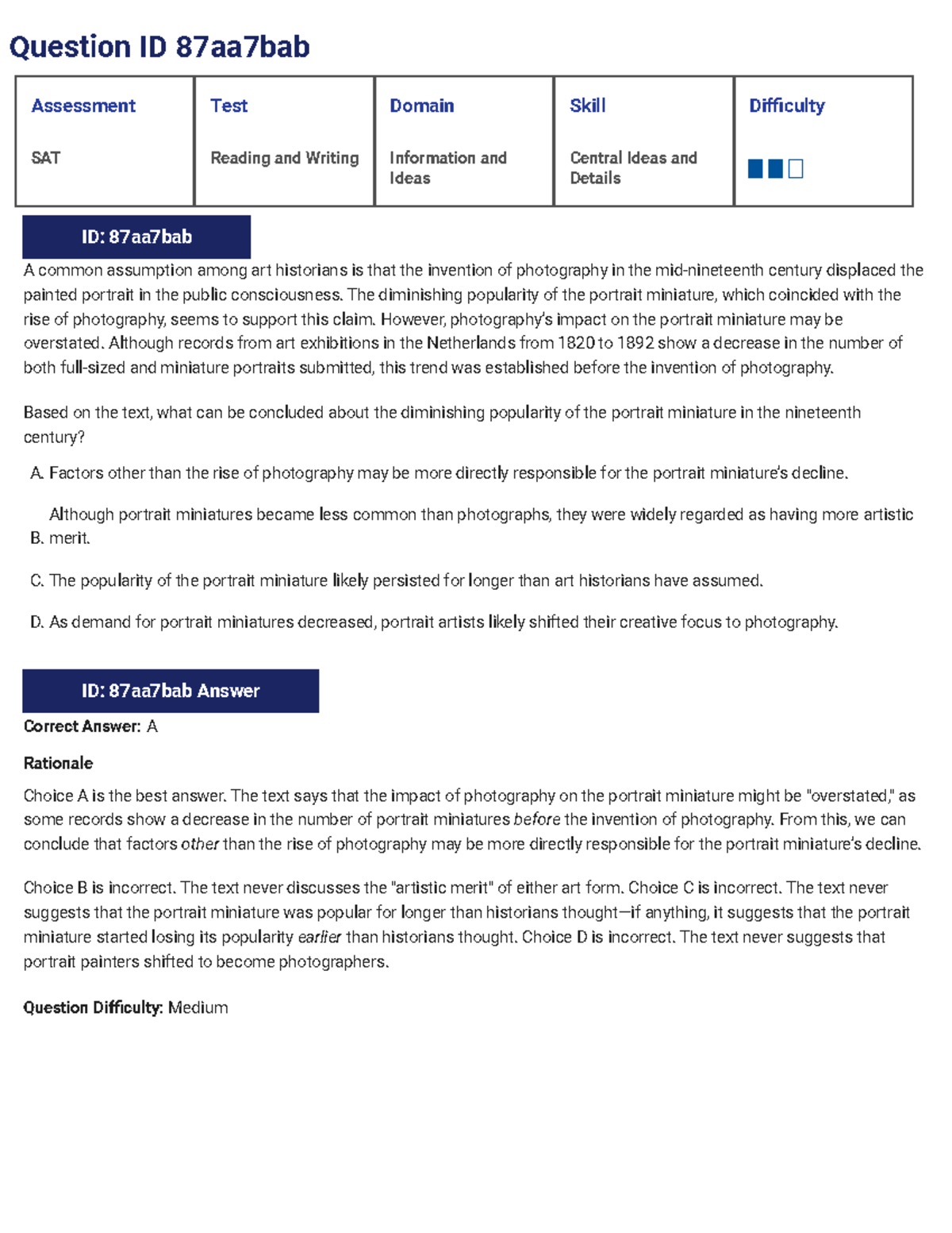 Assessment Test: SAT Reading & Writing - Central Ideas & Details ...