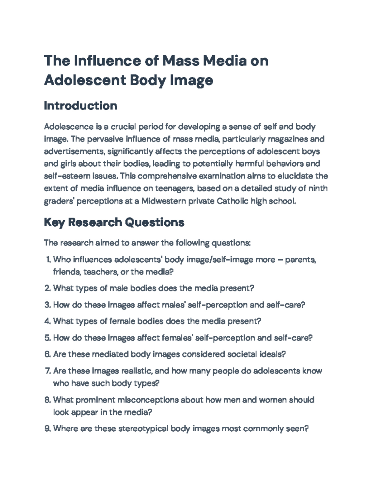 The Influence of Mass Media on Adolescent Body Image - Study Analysis ...