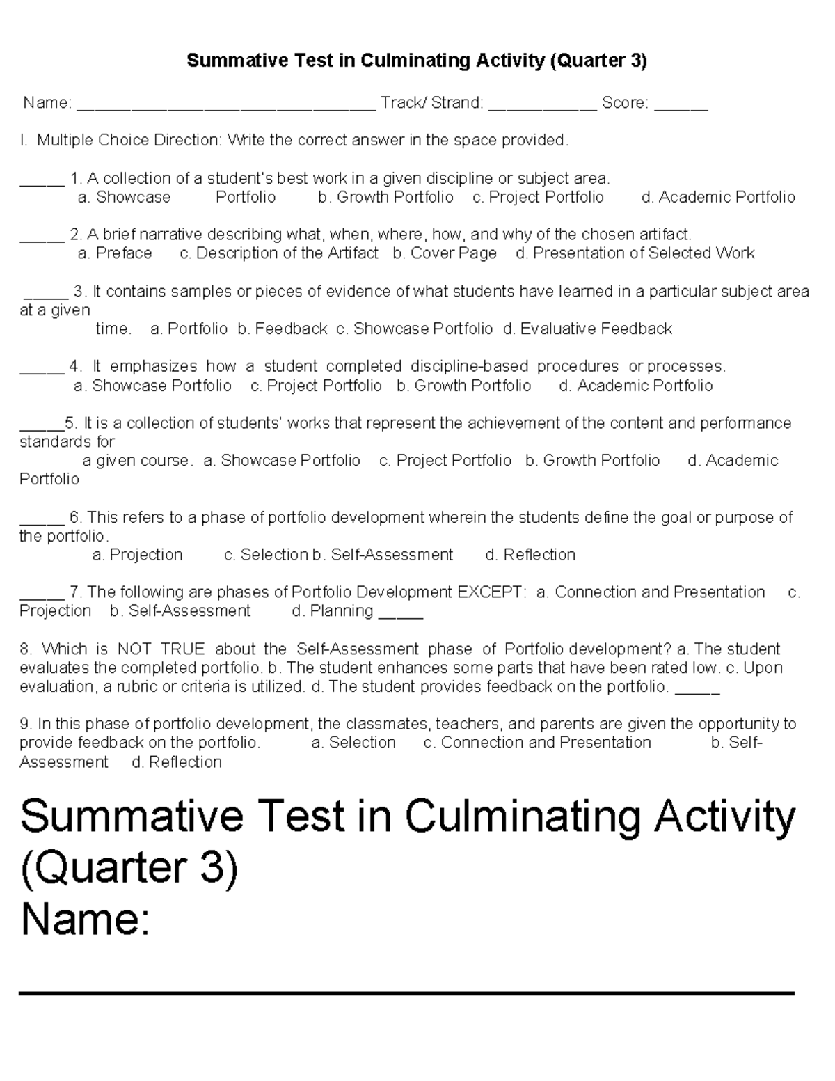 Summative Test in Culminating Activity (Quarter 3) - Studocu