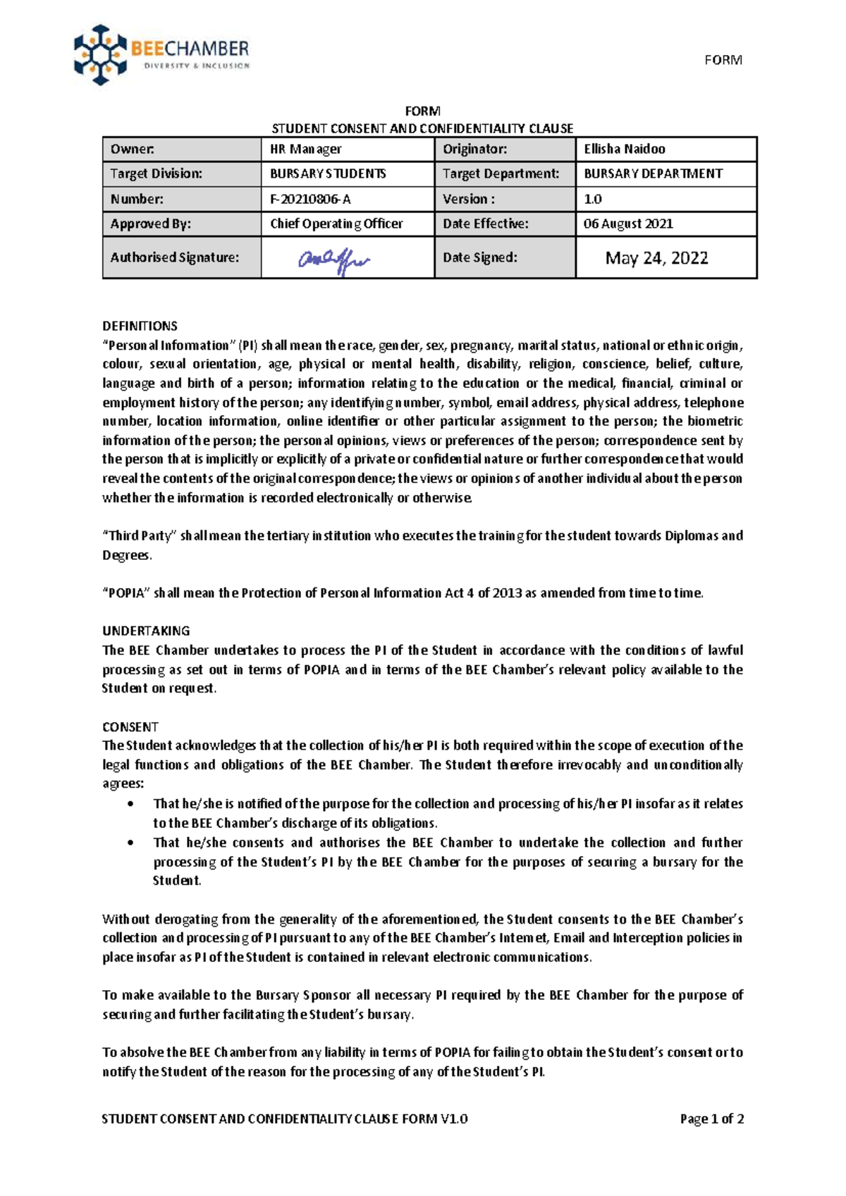 BURSARY STUDENTS: Student Consent & Confidentiality Clause Form V1.0 ...