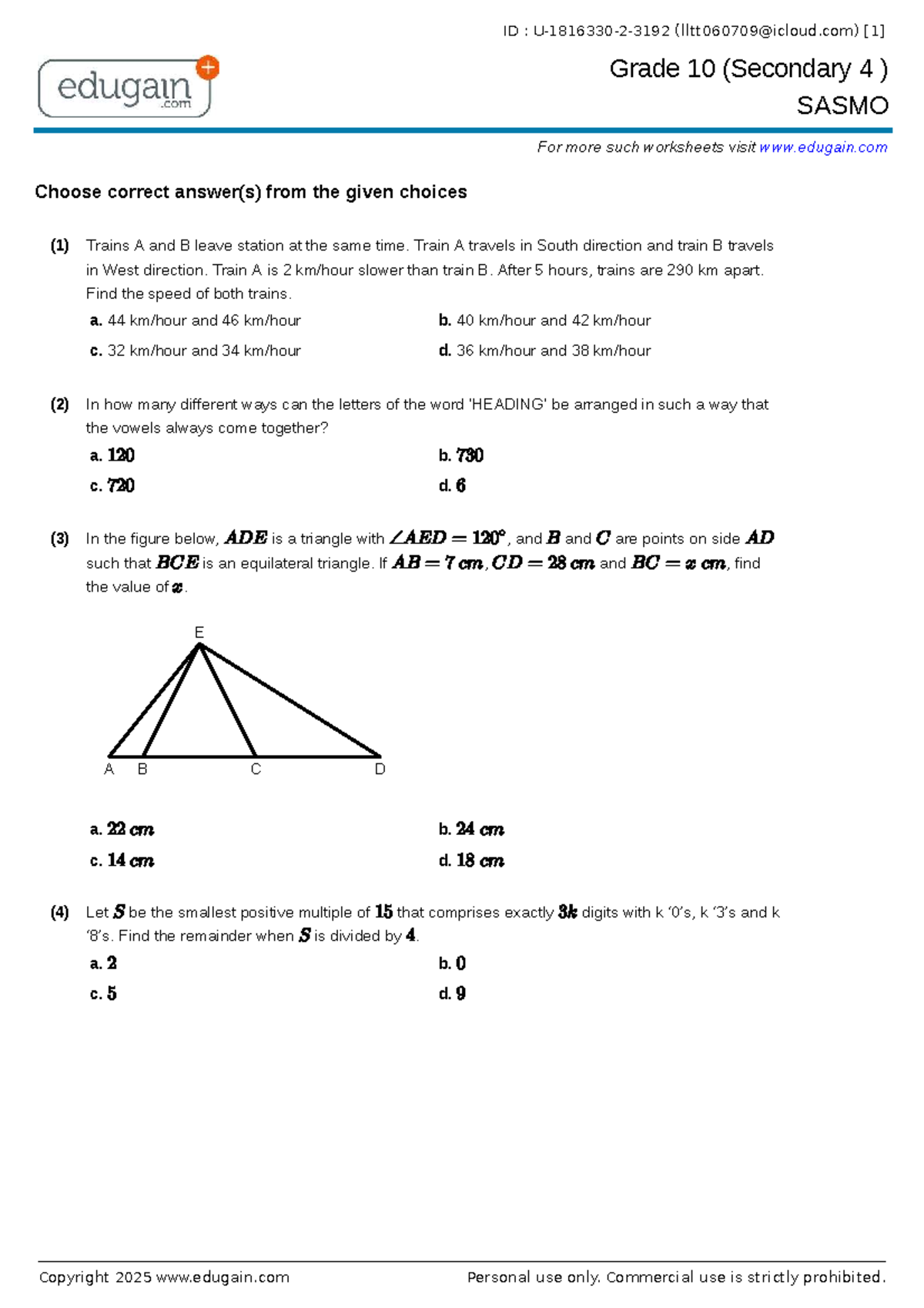 Grade 10 SASMO Practice Exercises and Solutions - Studocu