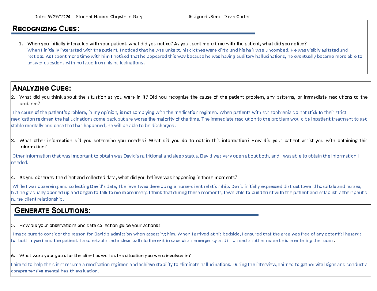 David Carter vSim Clinical Judgment Reflection and Analysis - Studocu