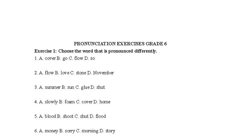 PRONUNCIATION EXERCISES GRADE 6: Practice Questions and Answers - Studocu
