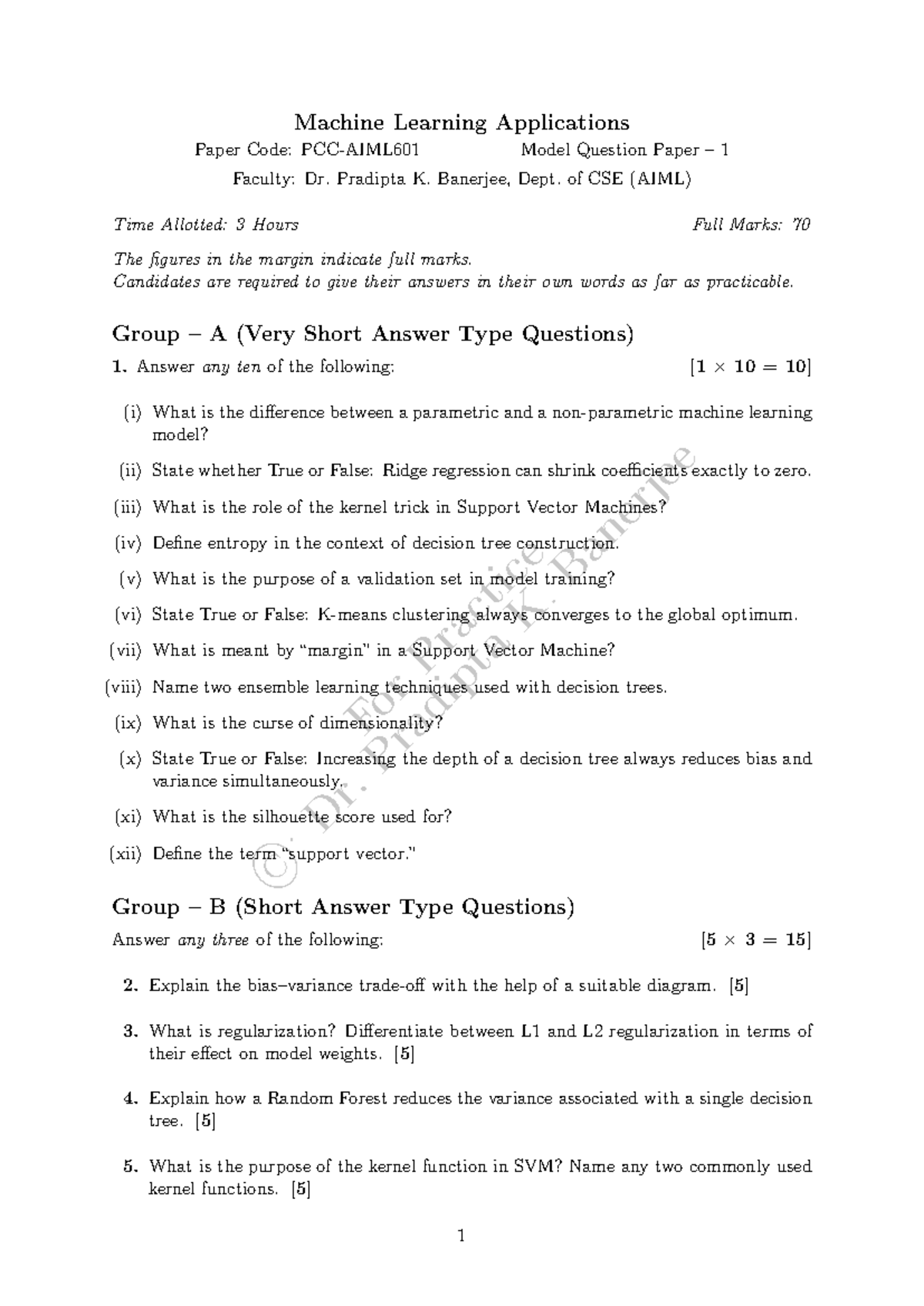 Machine Learning Applications: Model Question Paper ML 1 - Studocu