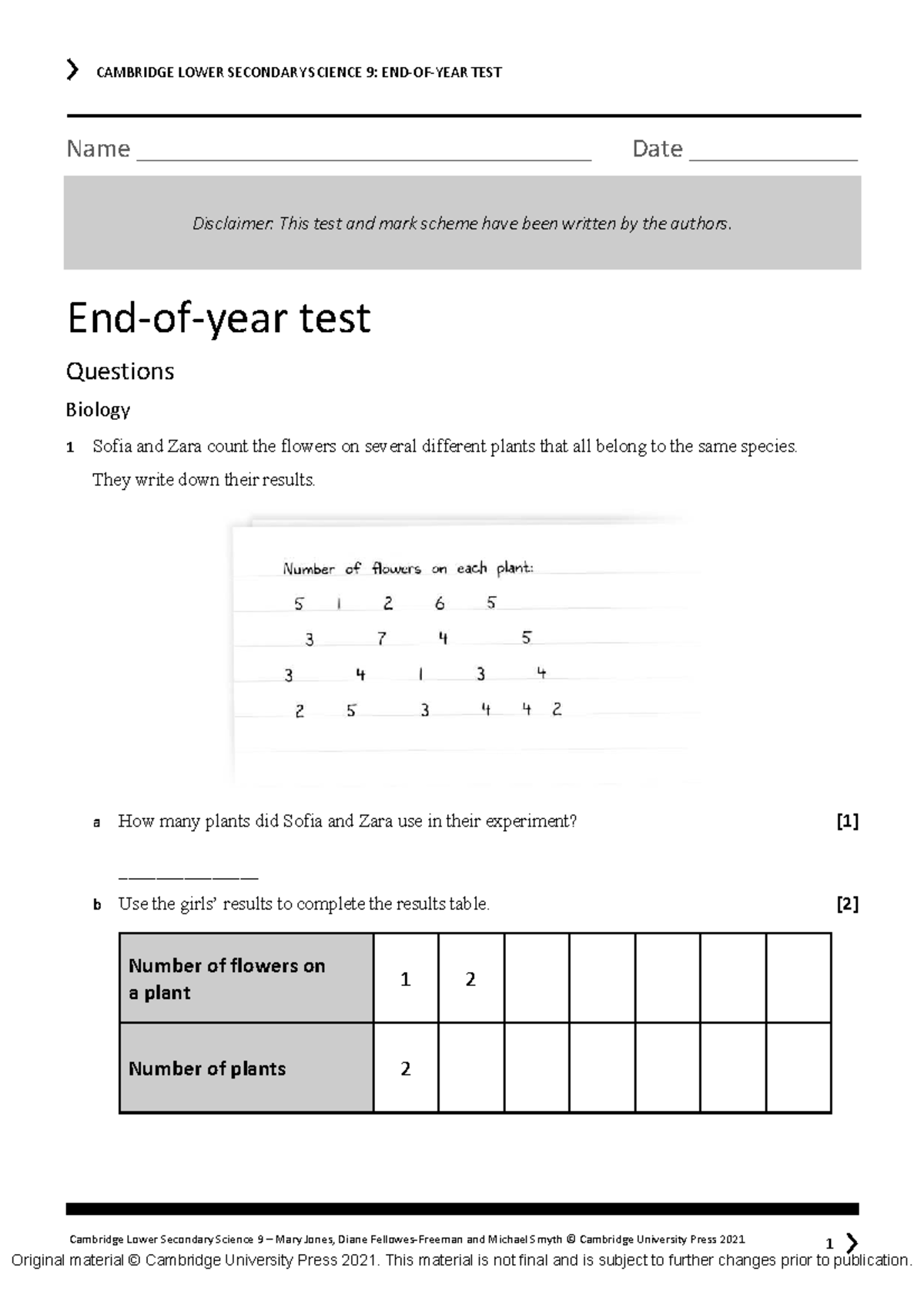 CAMBRIDGE LOWER SECONDARY SCIENCE 9: END OF YEAR TEST - Studocu