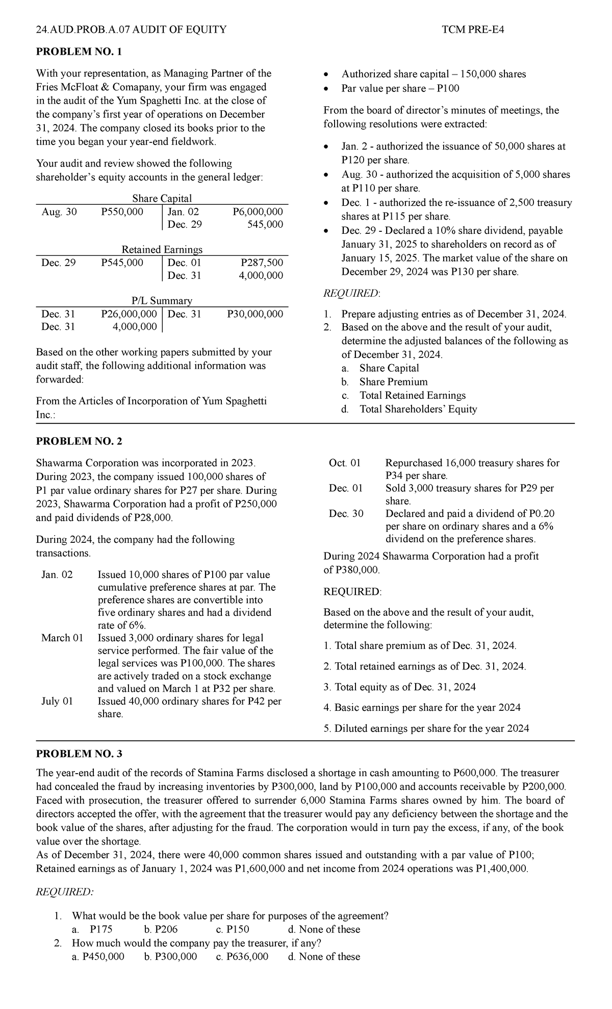 Equity Audit Problems and Adjustments - 24.AUD.PROB Final Exam - Studocu