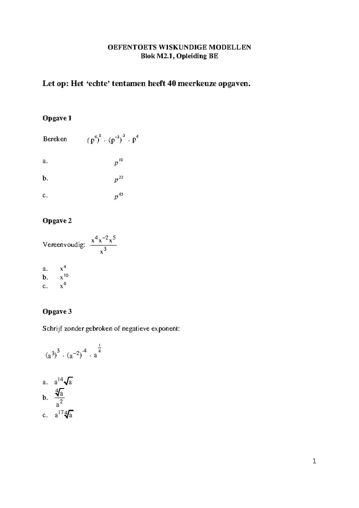 Proef/oefen tentamen, vragen en antwoorden - OEFENTOETS WISKUNDIGE ...