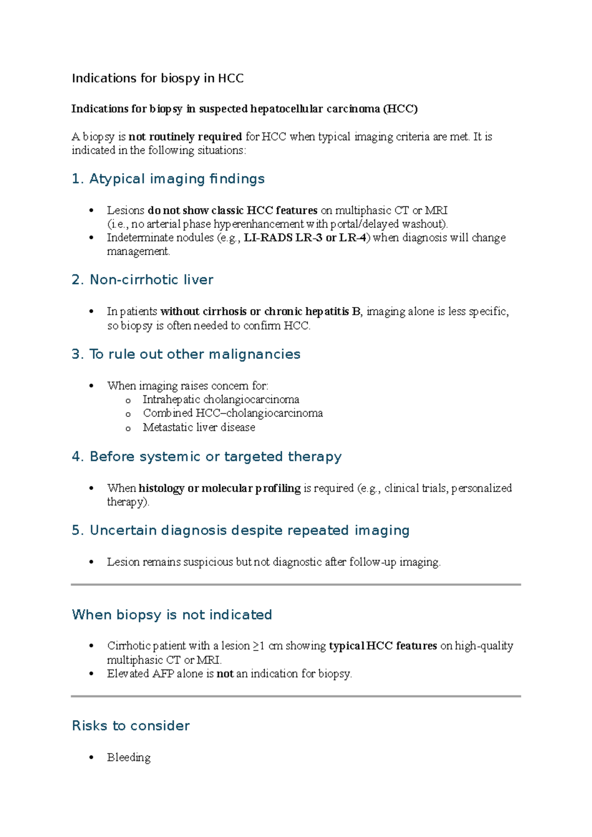 HCC - Indications for Biopsy and Imaging Correlation Notes - Studocu