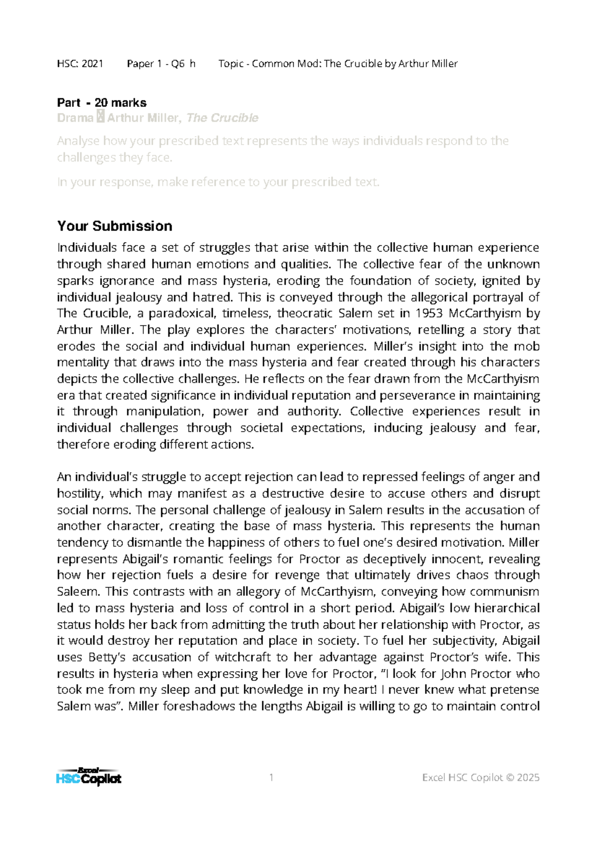 HSC: 2021 Paper 1 Q6 h Common Mod: Analysis of The Crucible by Arthur ...