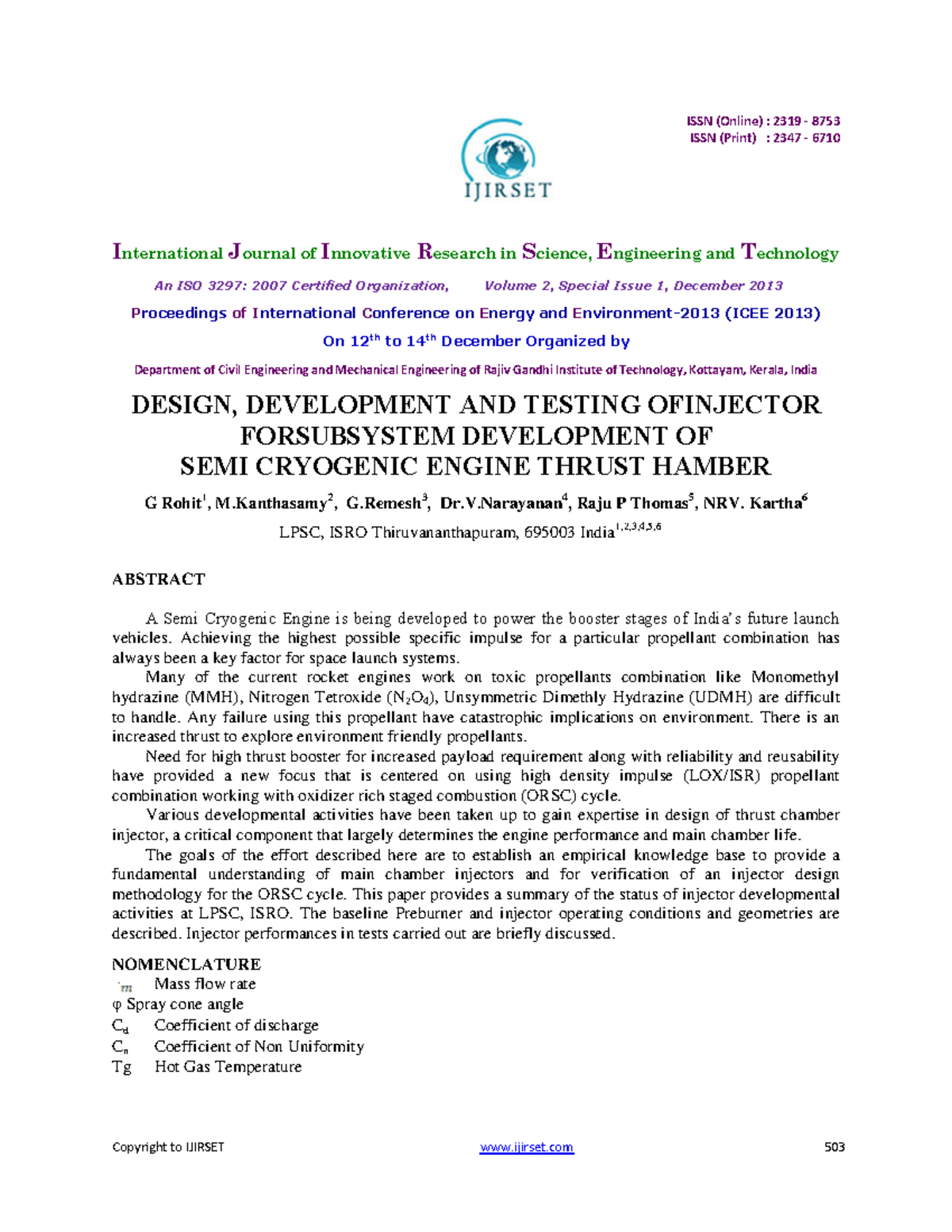 Design of single element engine for testing - ISSN (Online) : 2319 ...