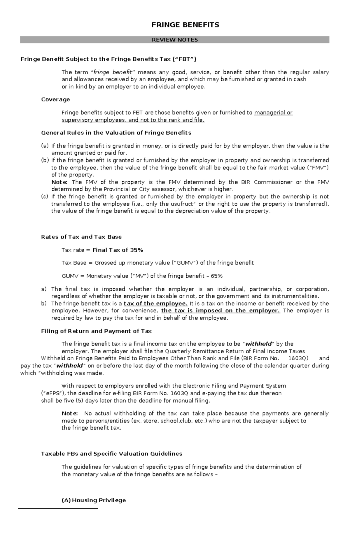 Fringe Benefits Tax Guide: Key Points and Valuation Rules - Studocu