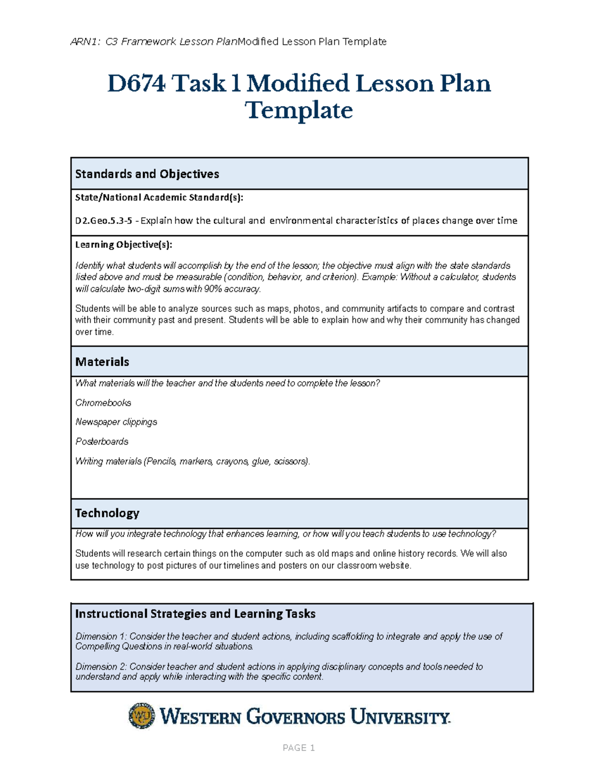 ARN1: C3 Framework Modified Lesson Plan Template D674 - Studocu