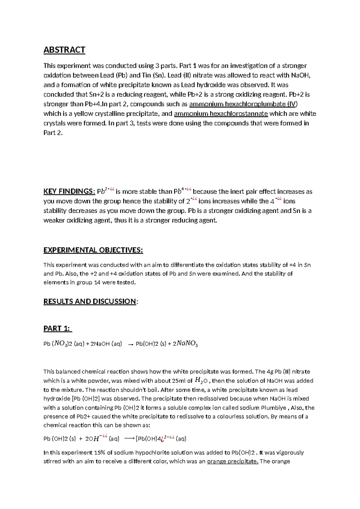 CHEM 210 PRACTICAL 1: Oxidation States of Lead and Tin Examined - Studocu