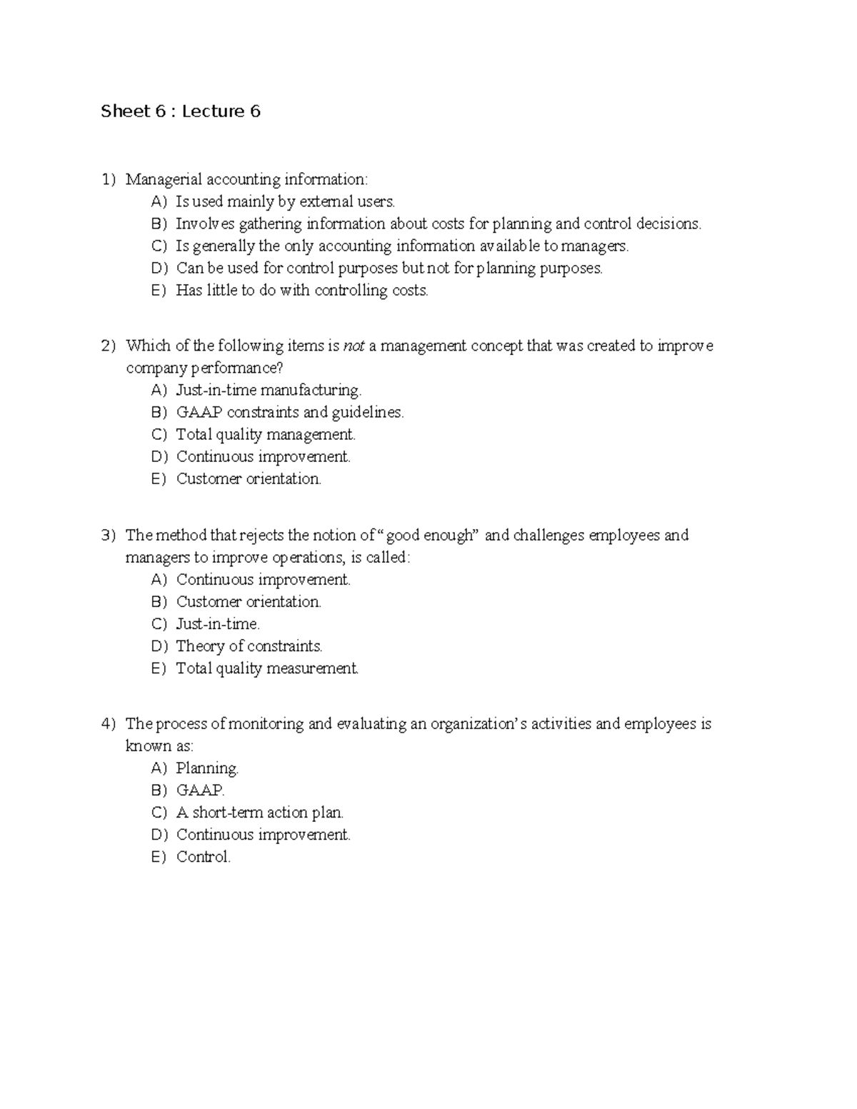 Sheet 6: Lecture 6 - Managerial Accounting Concepts and Applications ...